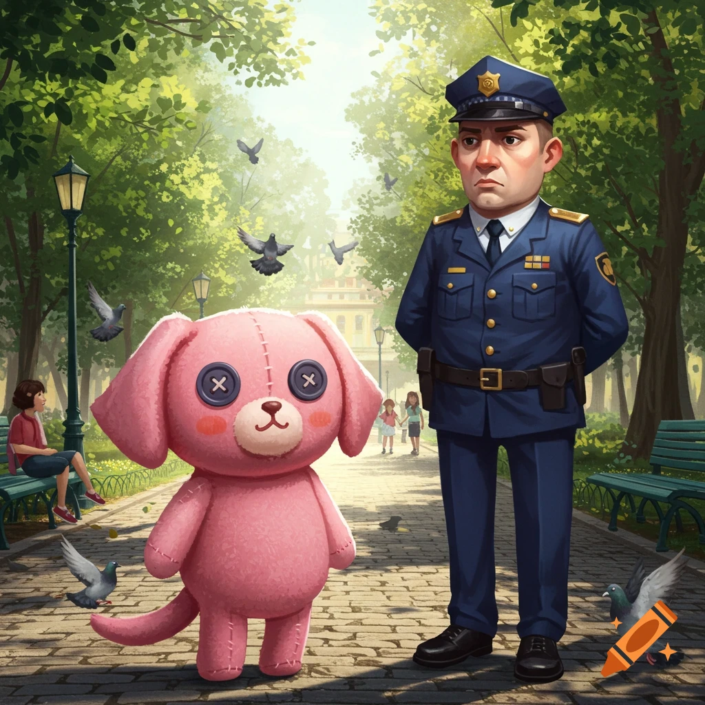 An illustration of a police officer standing next to a large pink ...