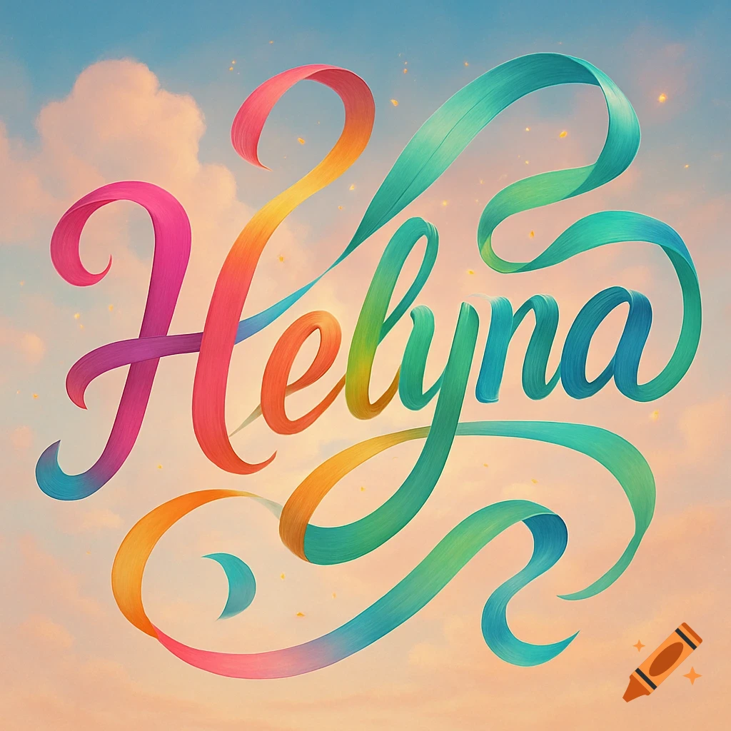 Colorful ribbon-like letters spelling 'Helyna' against a soft, cloudy sky. on Craiyon