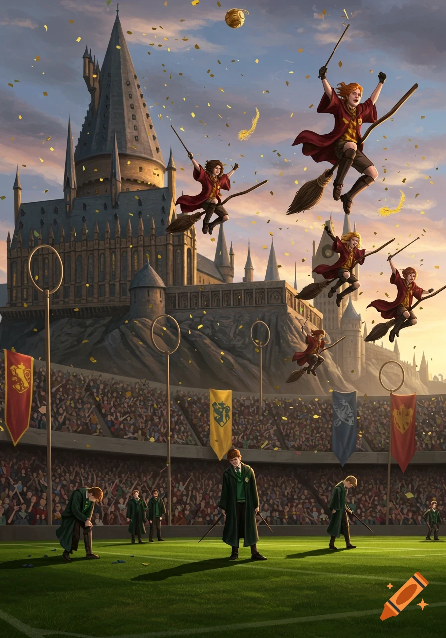 Gryffindor players fly celebrating a Quidditch win over disappointed ...