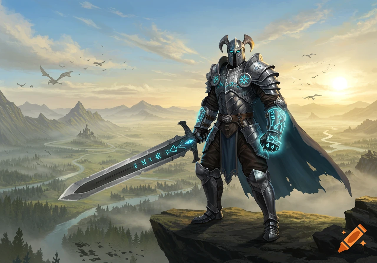 A knight in ornate, glowing armor stands on a cliff overlooking a vast ...