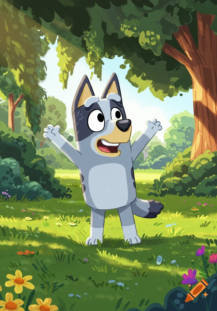 A cartoon blue and grey dog character, Mackenzie from Bluey, stands ...