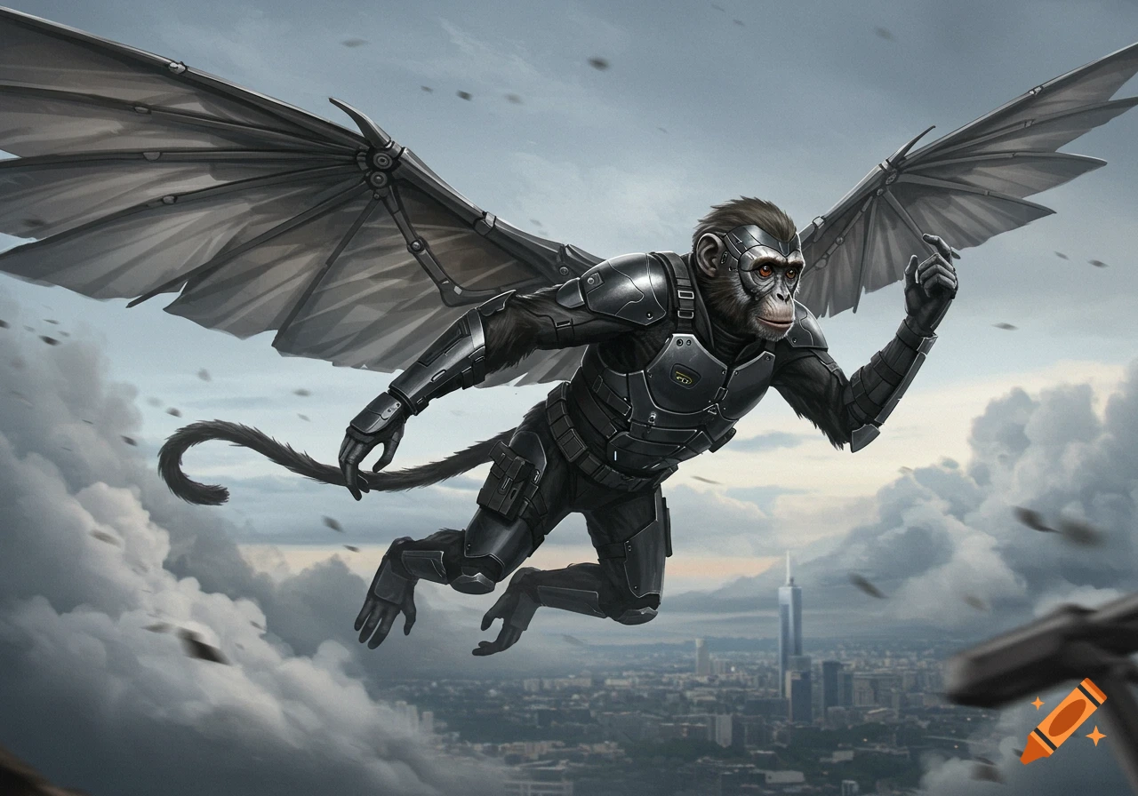 A tactical chimpanzee with mechanical wings flies through the sky above ...
