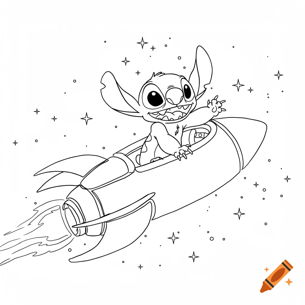 Line art drawing of Stitch flying in a rocket ship through a starry sky ...
