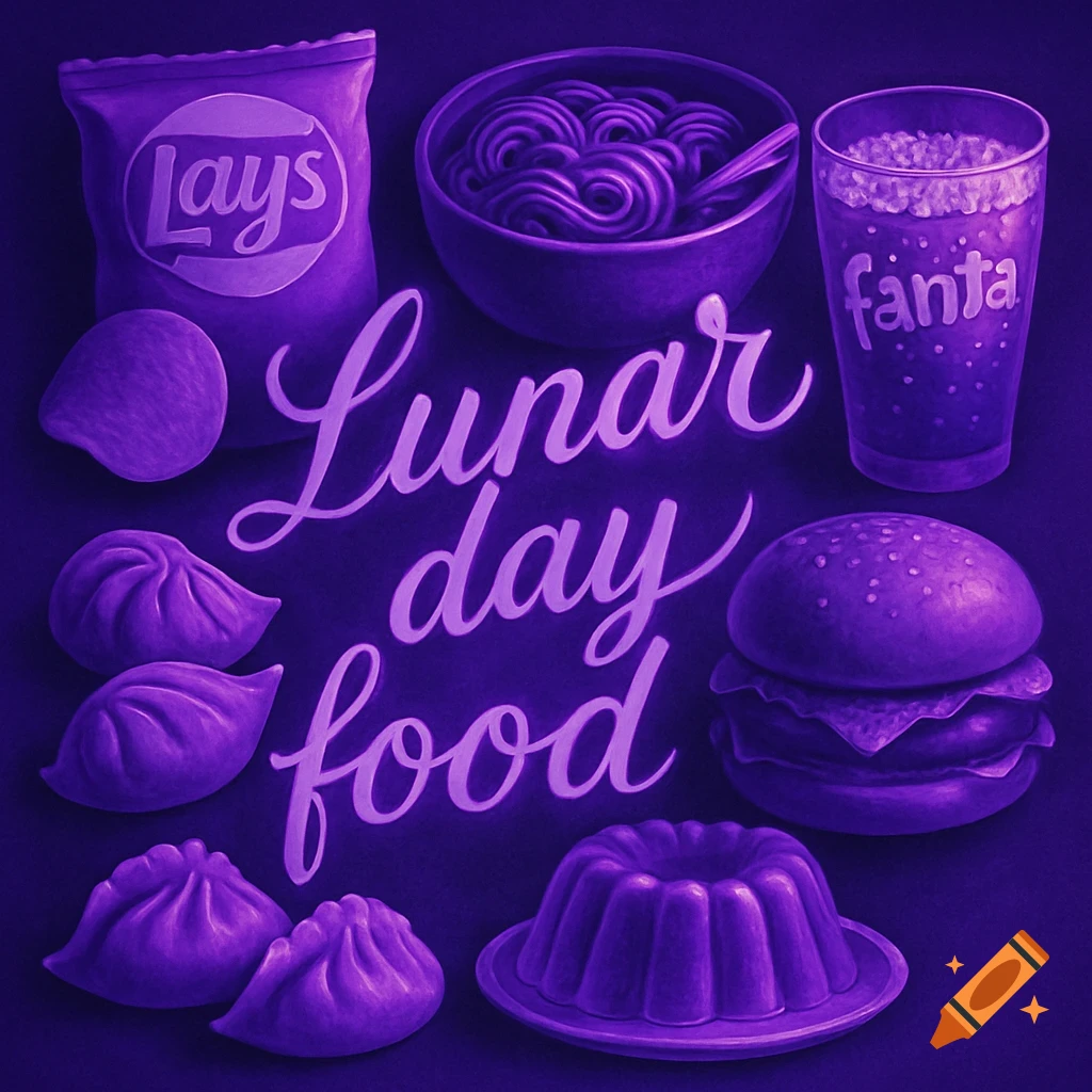 A purple monochromatic illustration of various food items including ...