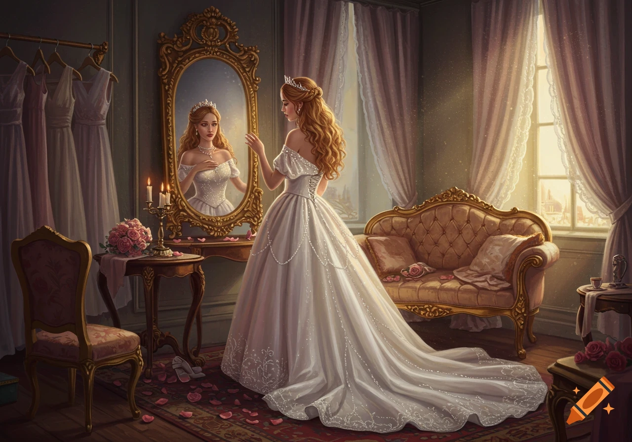 A fantasy princess in a white wedding gown looks at her reflection in ...