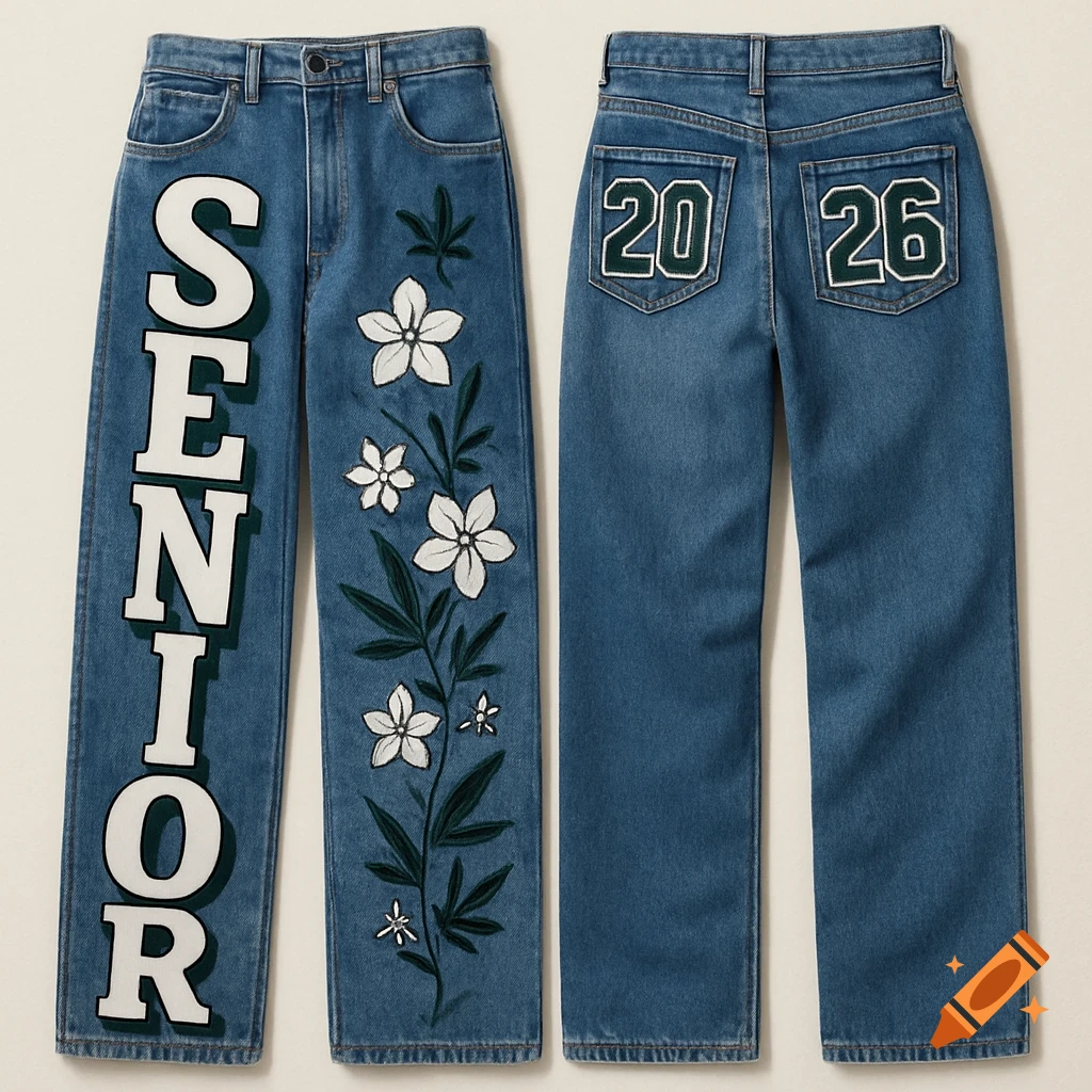 Two views of custom blue jeans. The front features the word 'SENIOR ...