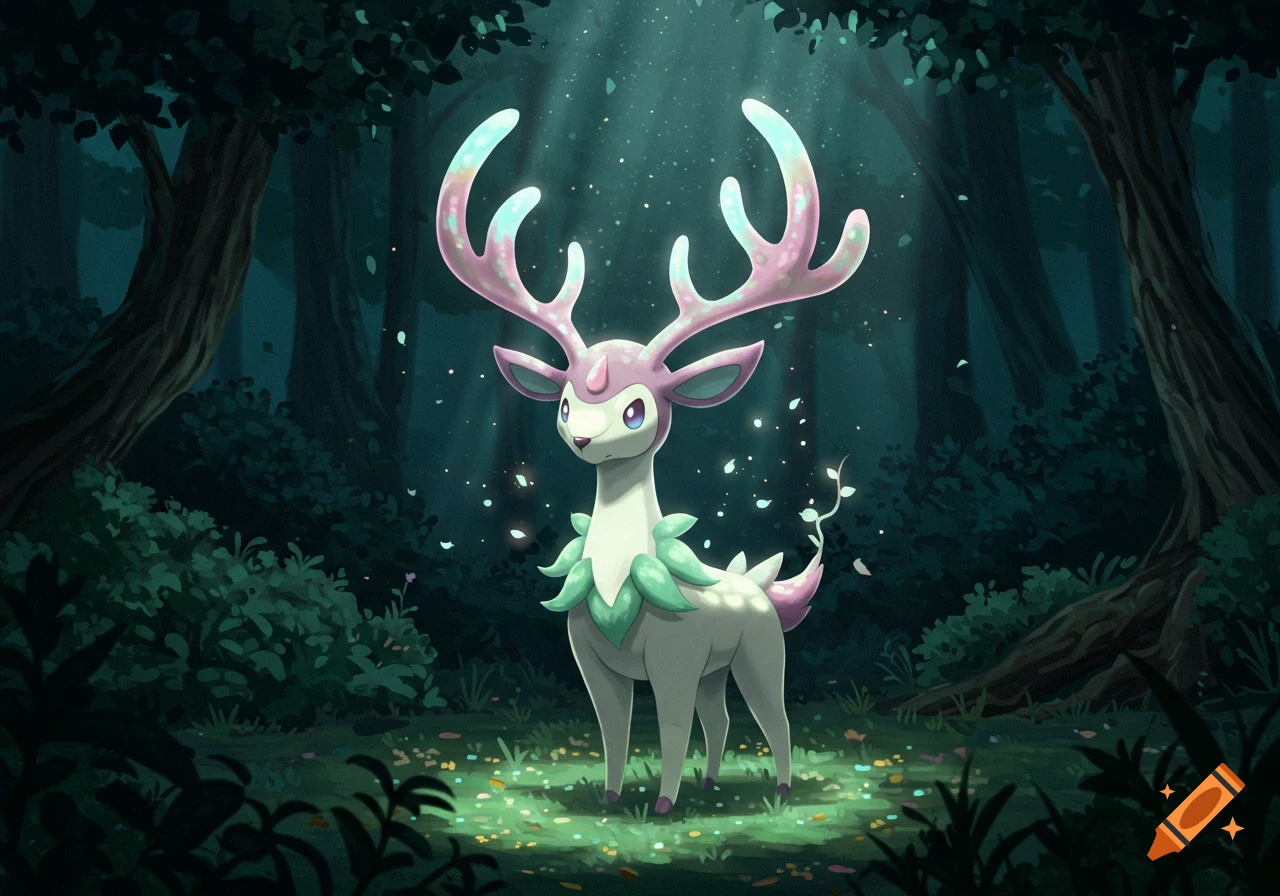 A fantasy deer-like creature with glowing pink antlers and green leafy elements stands in a ...