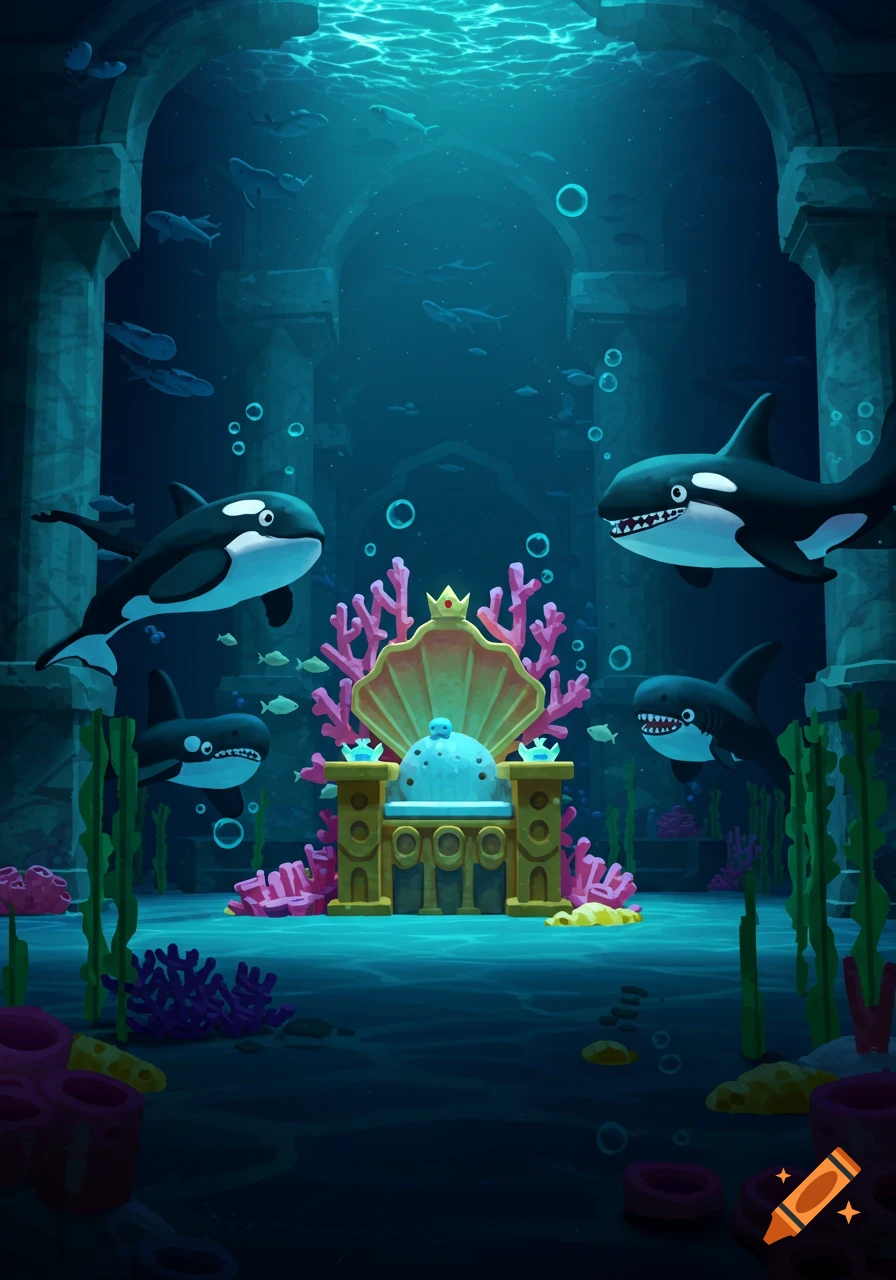 A cartoon underwater castle with a golden shell throne, surrounded by ...