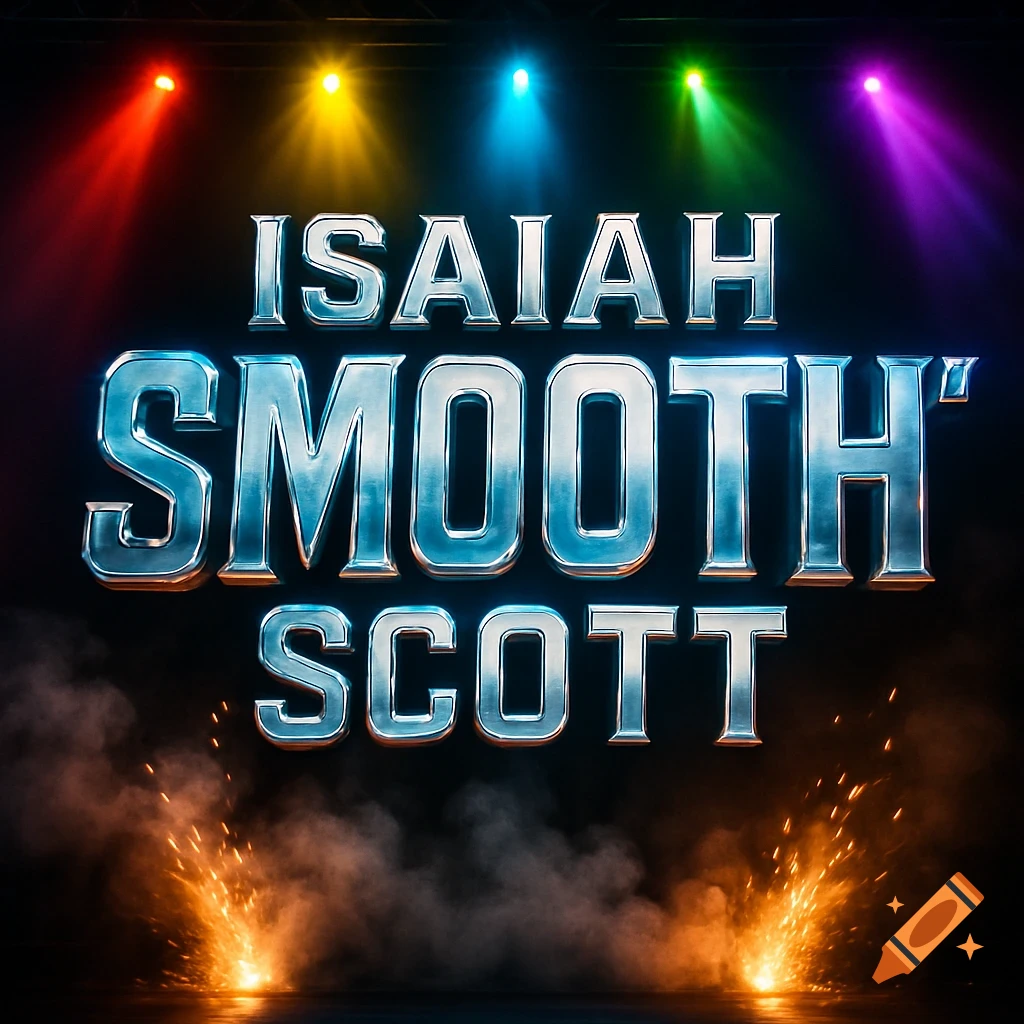 Metallic silver text 'ISAIAH SMOOTH' SCOTT' under colorful spotlights ...