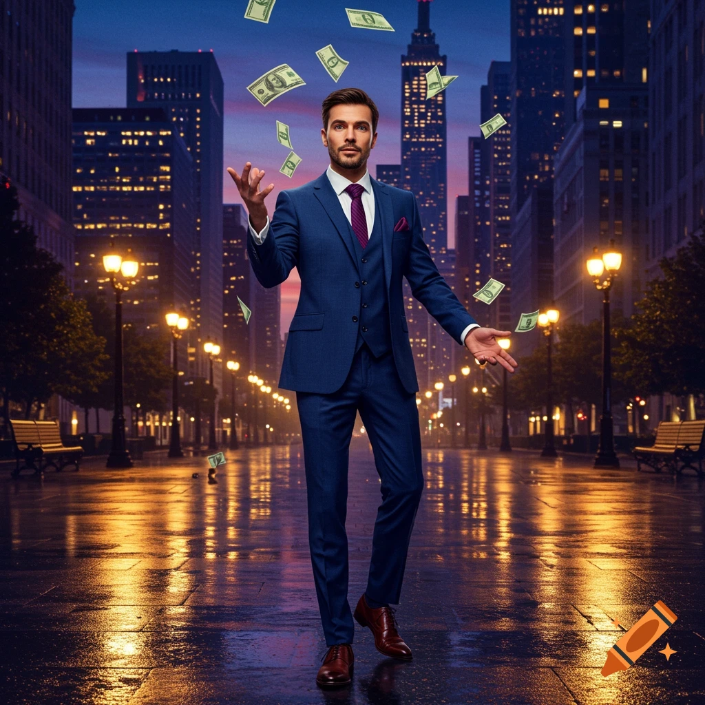 A well-dressed man in a blue suit stands on a wet city street at night ...