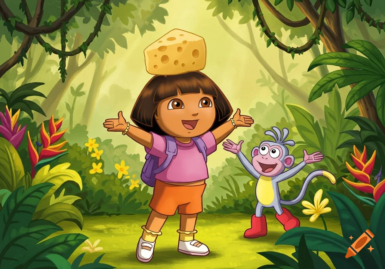 Dora the Explorer and Boots the monkey cheerfully run through a lush ...