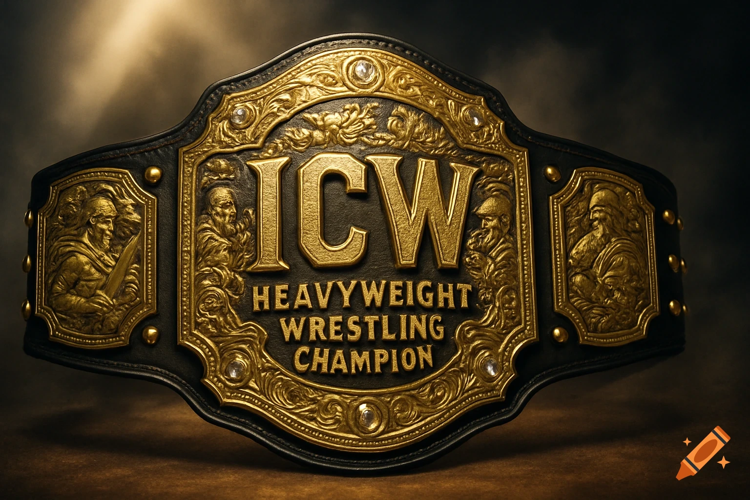 A photorealistic wrestling championship belt with gold plates, black ...