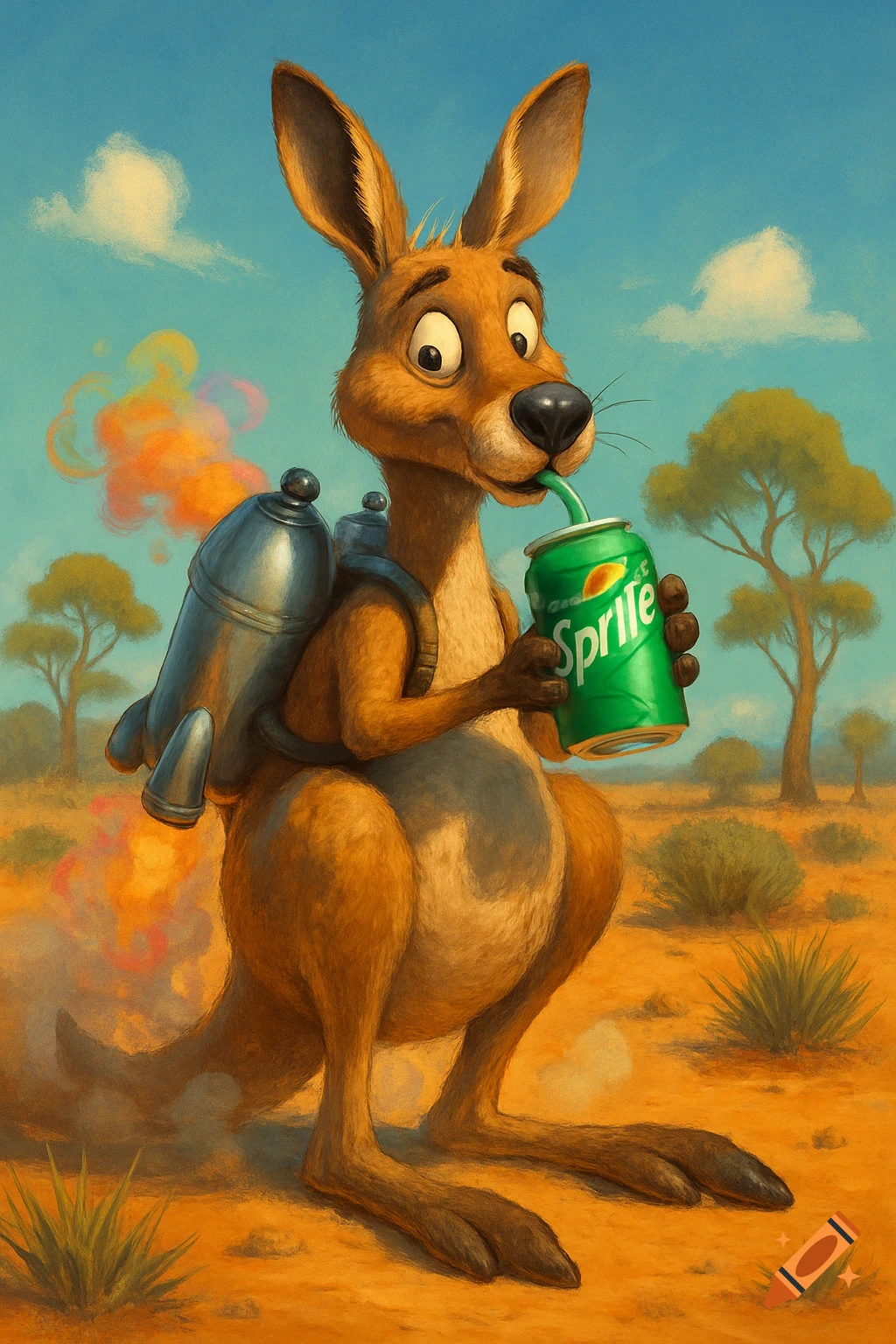 A cartoon kangaroo with a jetpack drinks Sprite from a can in a desert ...