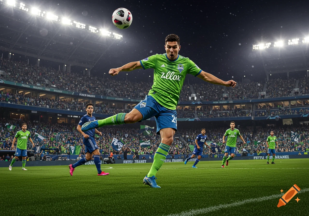 A soccer player in a green jersey kicks a ball mid-air during a night ...