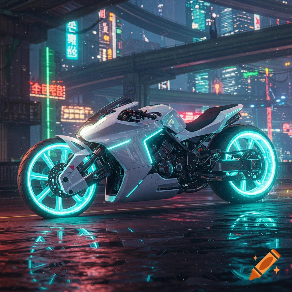 A white futuristic motorcycle with glowing aqua neon wheels and accents parked on a wet street ...