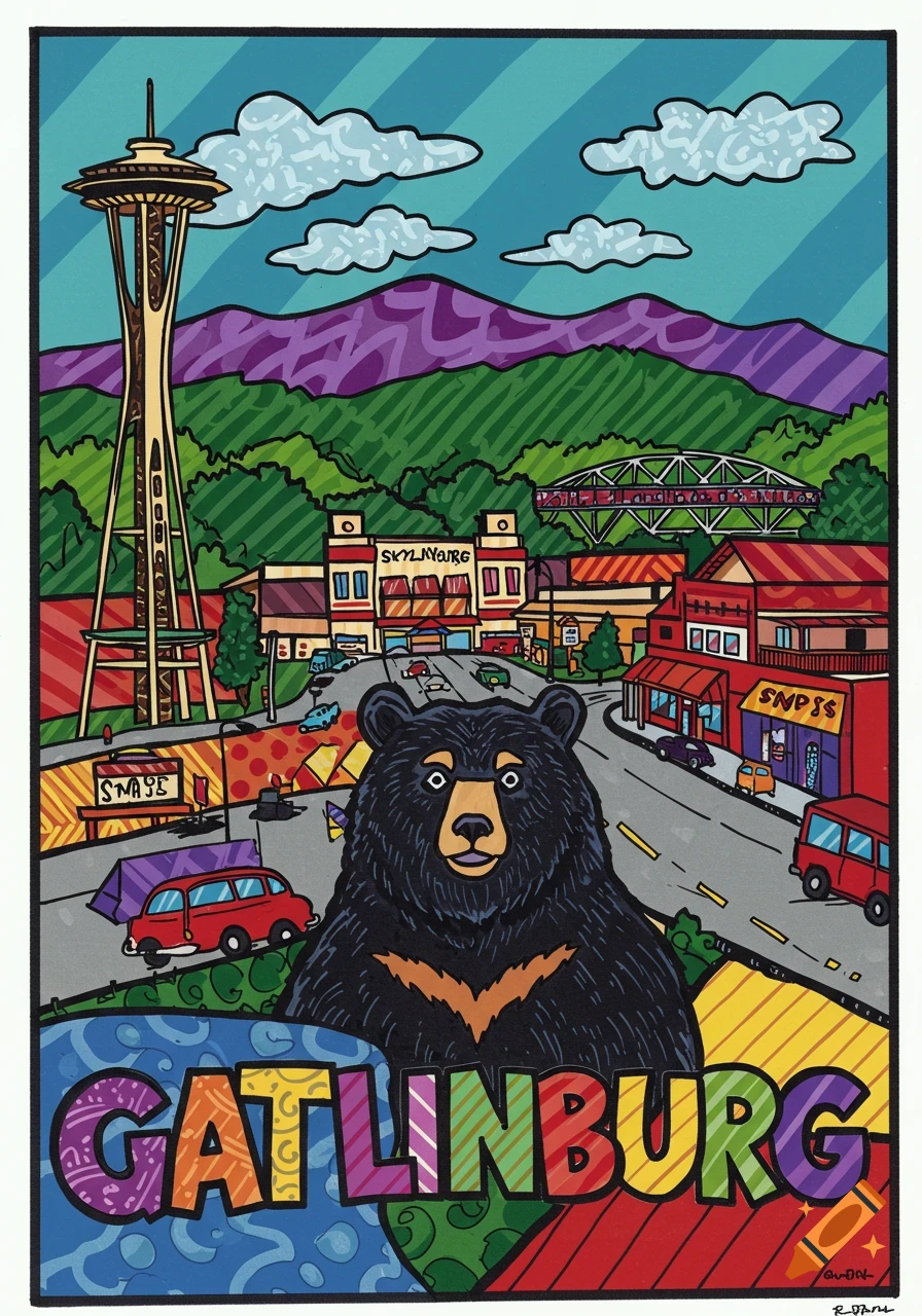 An art pop illustration in Romero Britto style of Gatlinburg city ...