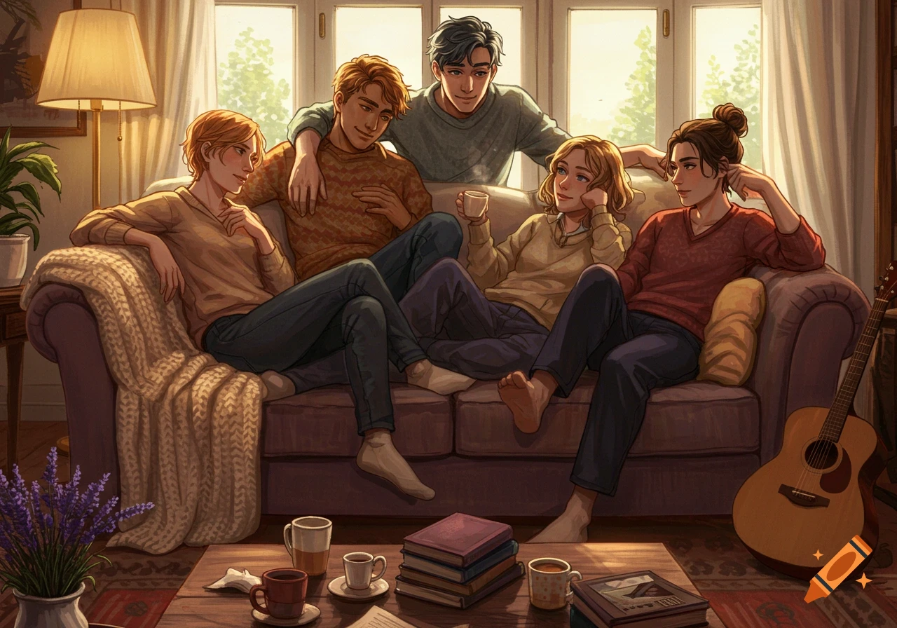 Five people, three men and two women, relax on a brown sofa in a warm ...