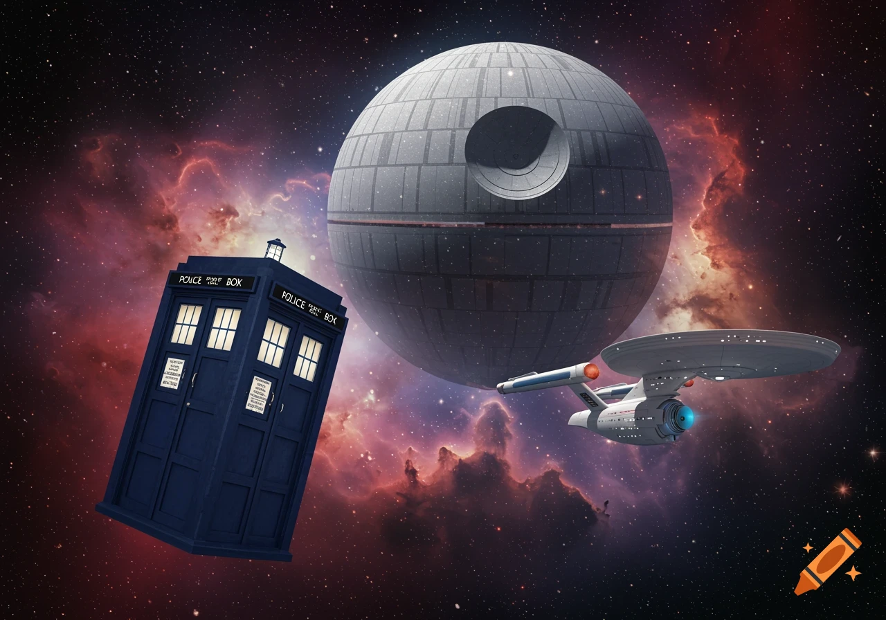 The TARDIS, USS Enterprise, and Death Star float in a vibrant nebula ...