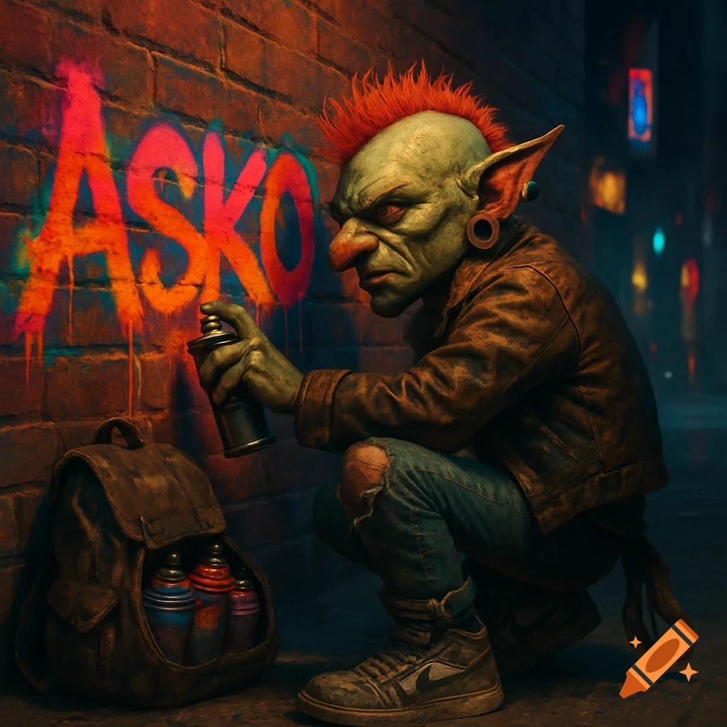 A goblin with a red mohawk and gauged ears spray paints 'ASKO' on a ...