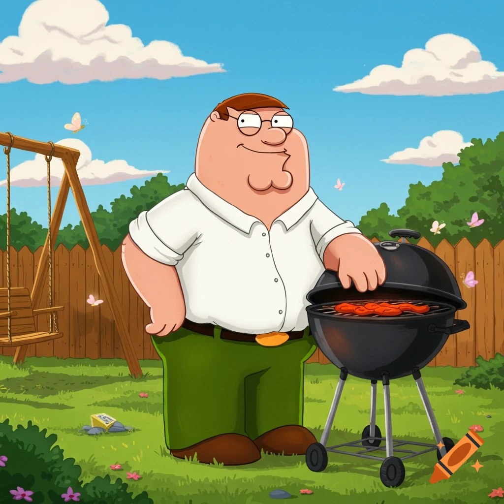 Cartoon of Peter Griffin from Family Guy, standing next to a barbecue grill in a sunny backyard ...