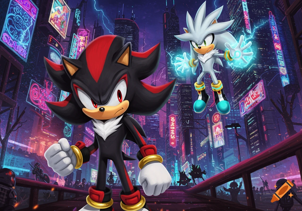 Shadow the Hedgehog and Silver the Hedgehog stand in a vibrant ...