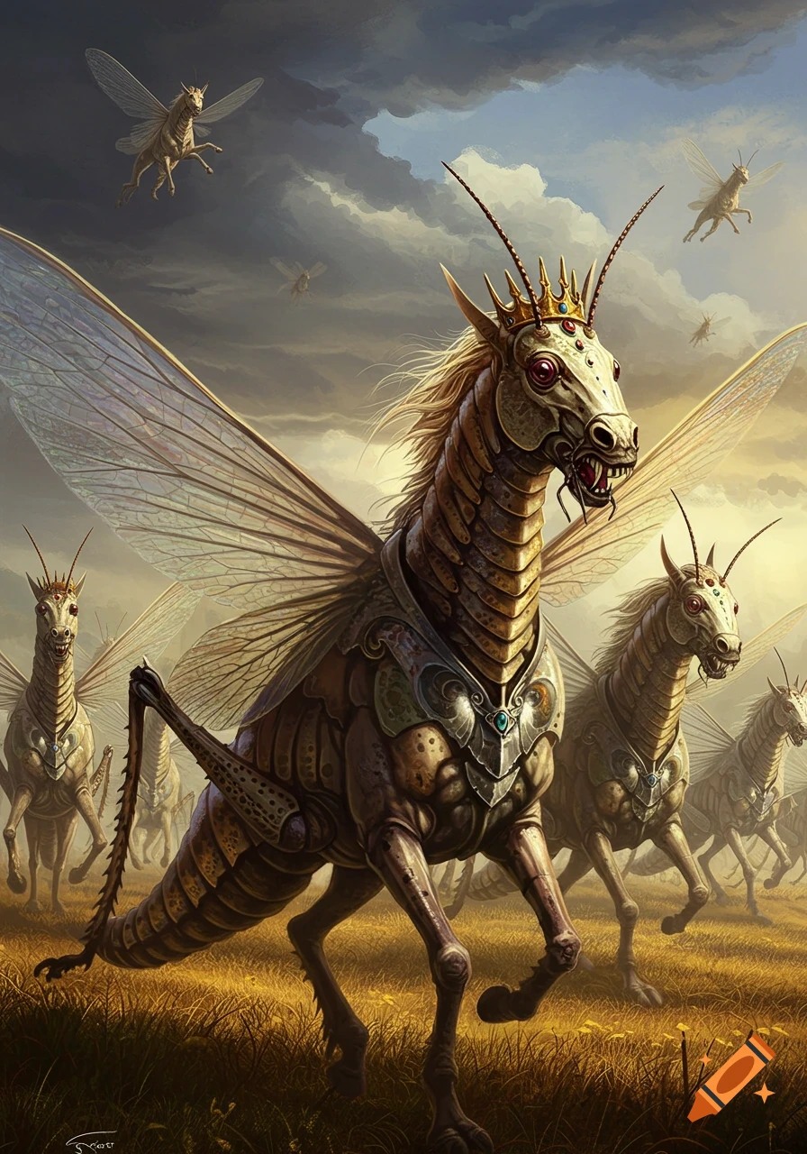 Fantastical horse-like locust creatures with crowns and armored chests ...