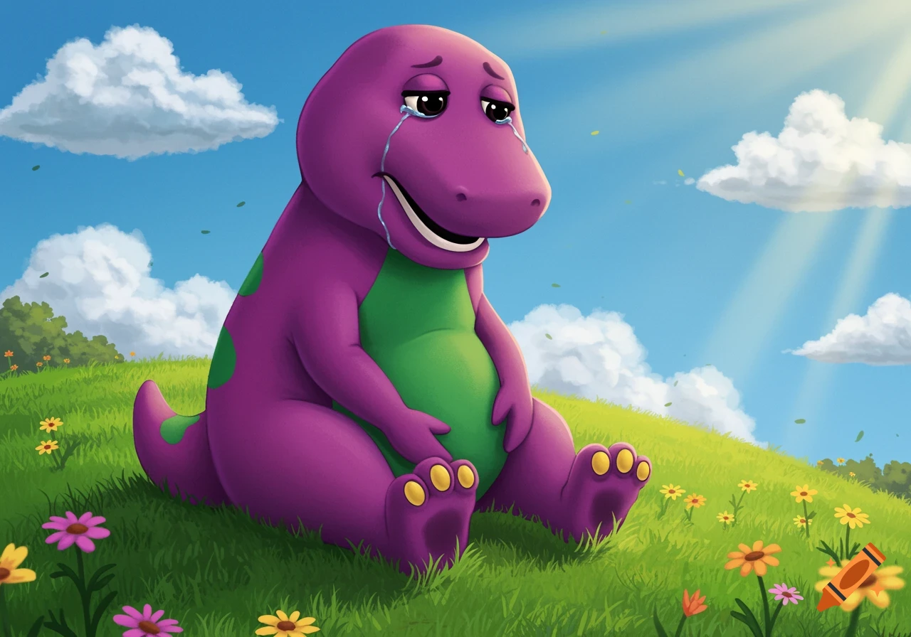 A vibrant, cheerful Barney the dinosaur stands in a sunny, green ...