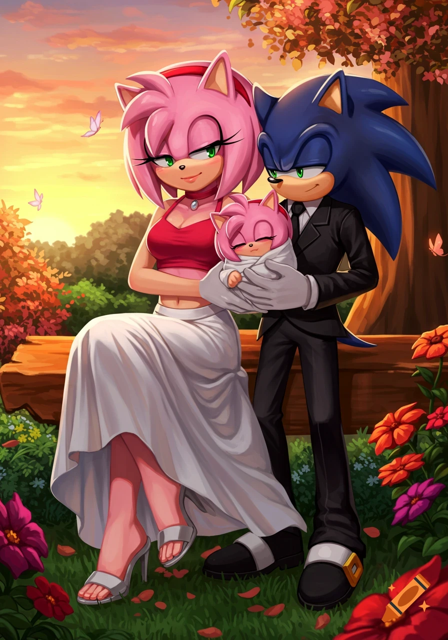 Amy Rose and Sonic with a baby Amy outdoors at sunset, surrounded by autumn trees and flowers in ...