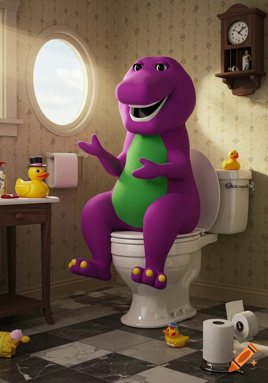 A photorealistic Barney the purple dinosaur sits inside a giant sushi ...