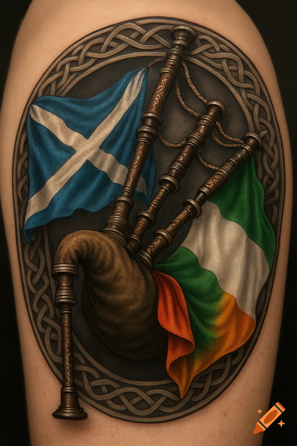 Photorealistic tattoo on skin depicting bagpipes with the Scottish and ...