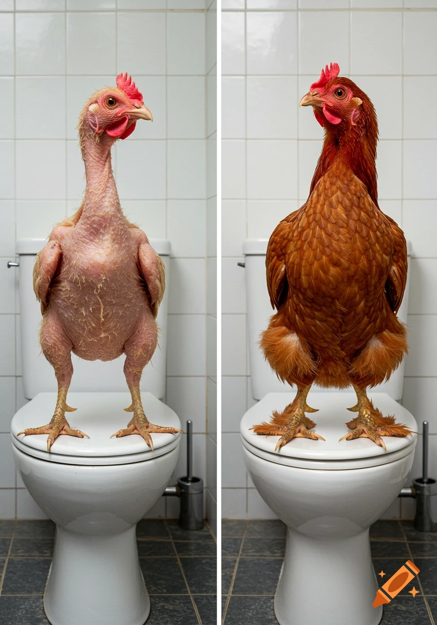 Photorealistic comparison of a featherless chicken and a feathered ...