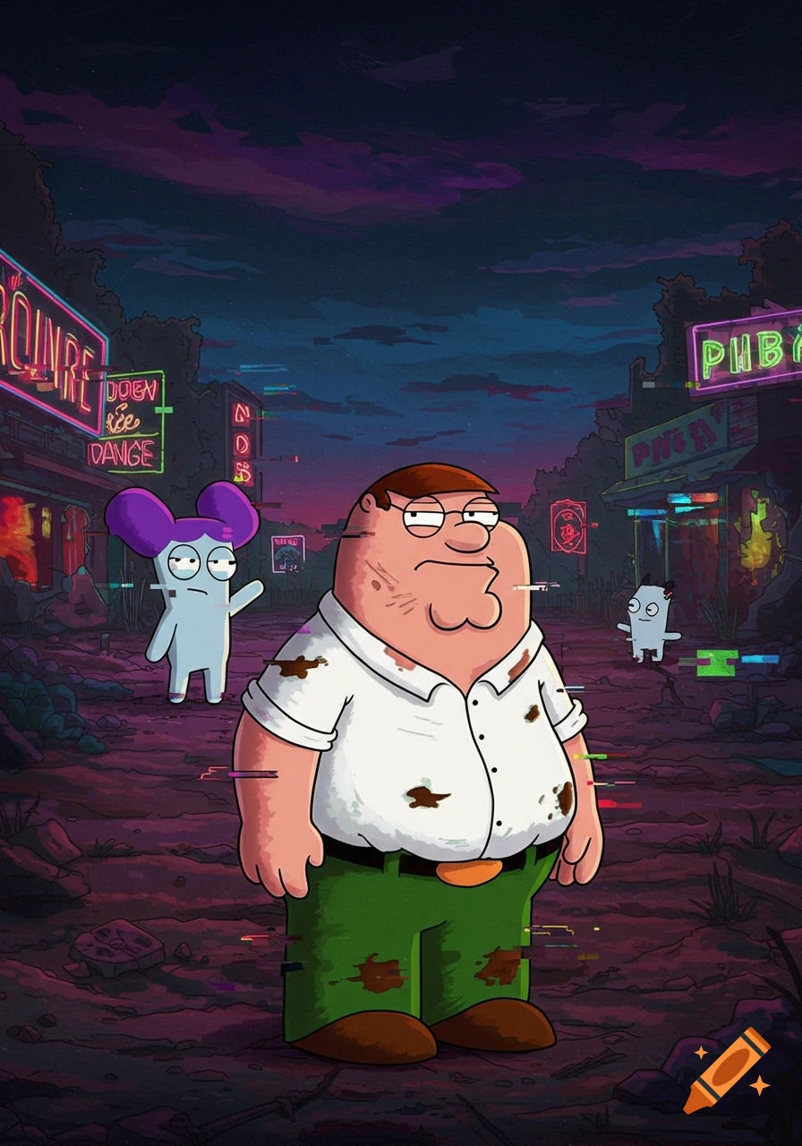 Peter Griffin from Family Guy and Pibby stand in a dark, glitchy ...