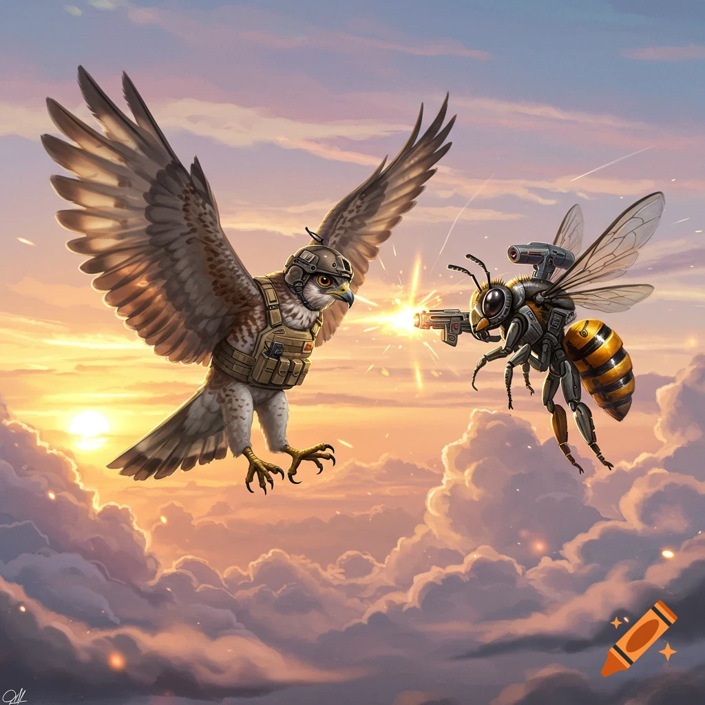 A bird in military gear and a robotic bee battle in a dramatic sunset ...