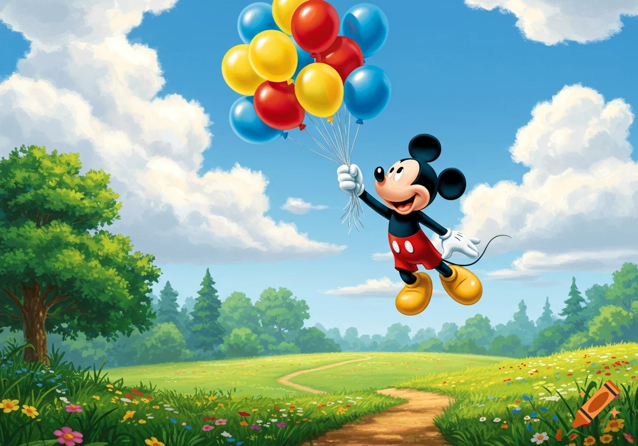 Cartoon Mickey Mouse with arms outstretched in a bright, sunny field ...