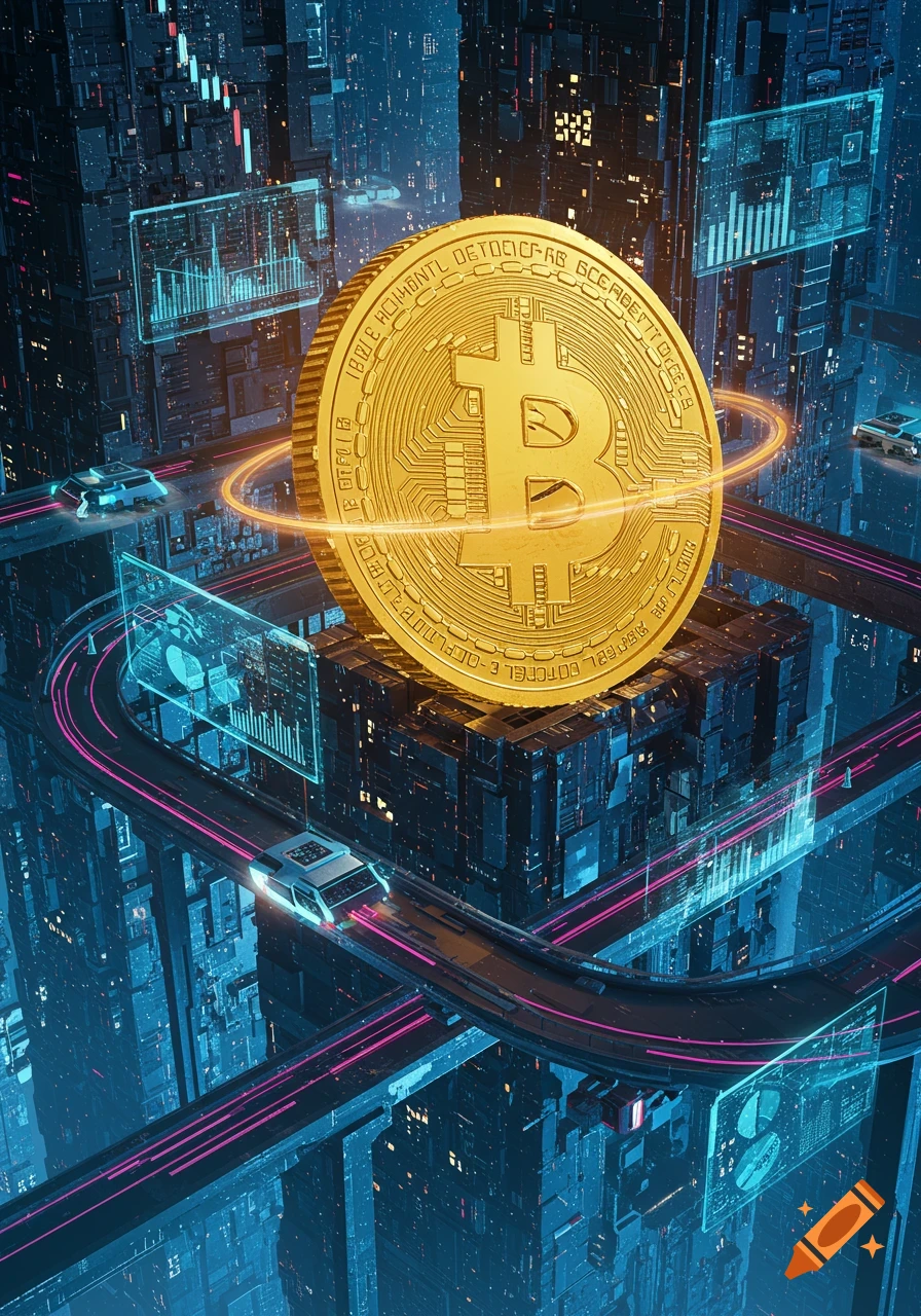 A golden burning shield with mystical symbols floats in a starry cosmic void with dark clouds ...