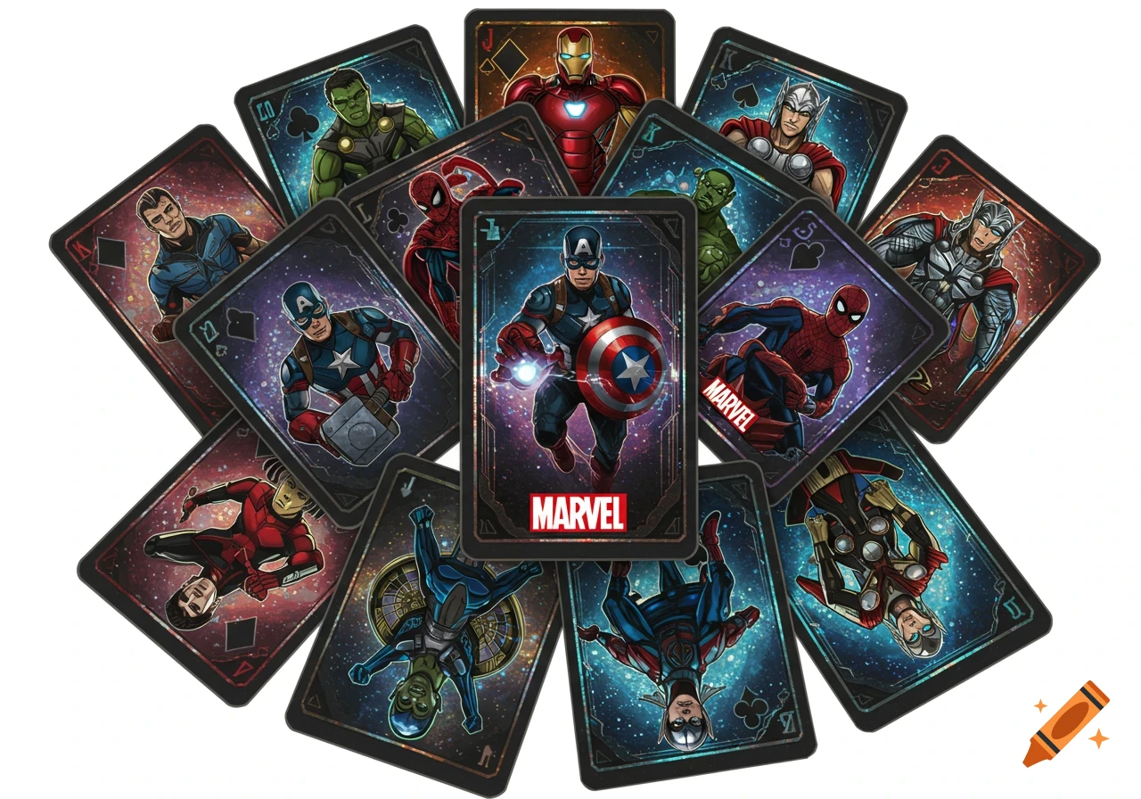 A fanned-out collection of Marvel Comics superhero-themed playing cards ...