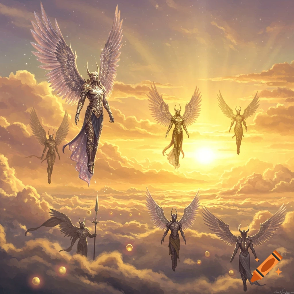 Multiple armored angels with large wings fly through a golden, cloudy sky at sunset. on Craiyon