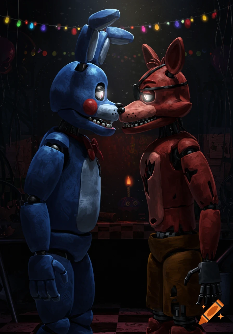 Blue animatronic Bonnie and red animatronic Foxy from FNAF about to ...
