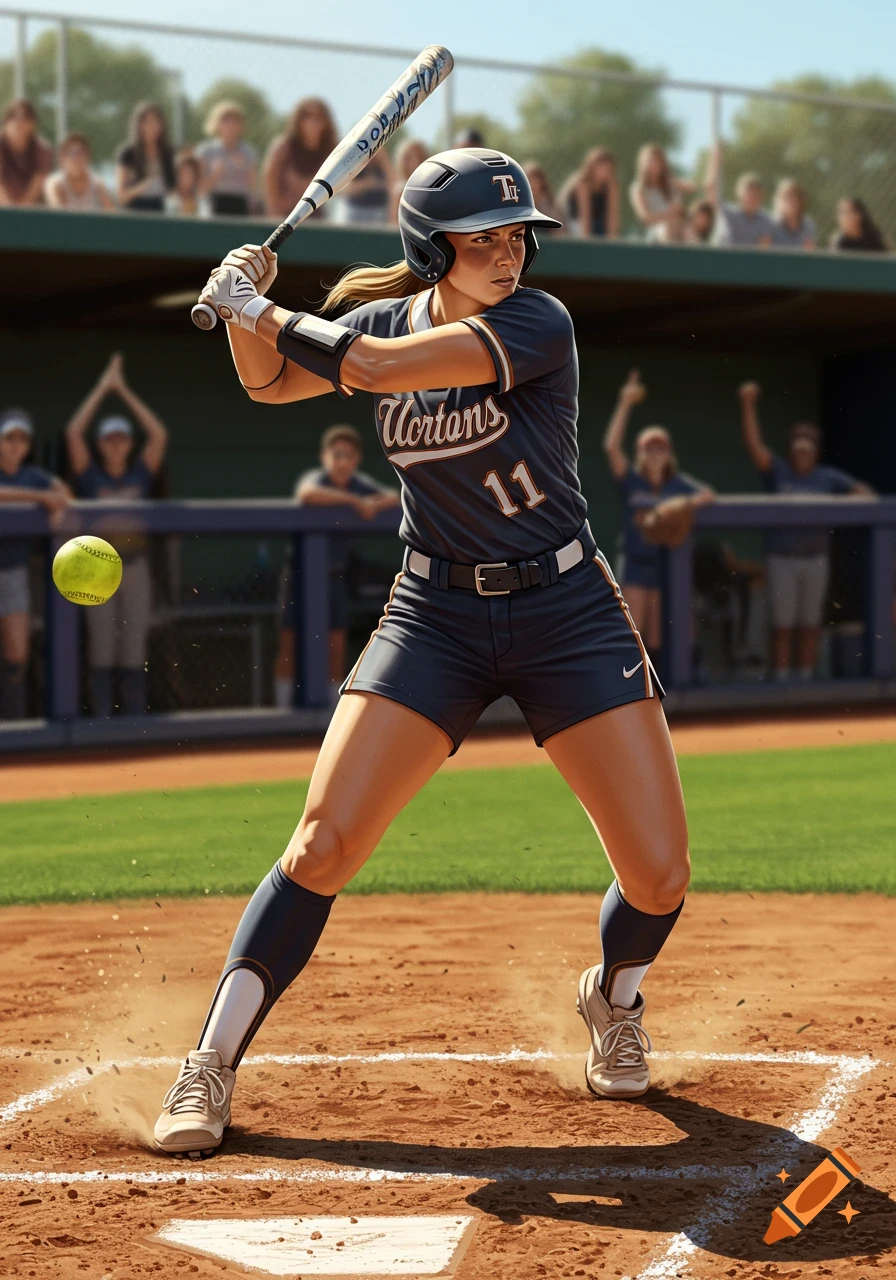 A female softball player in a navy uniform swinging a bat at a yellow ...