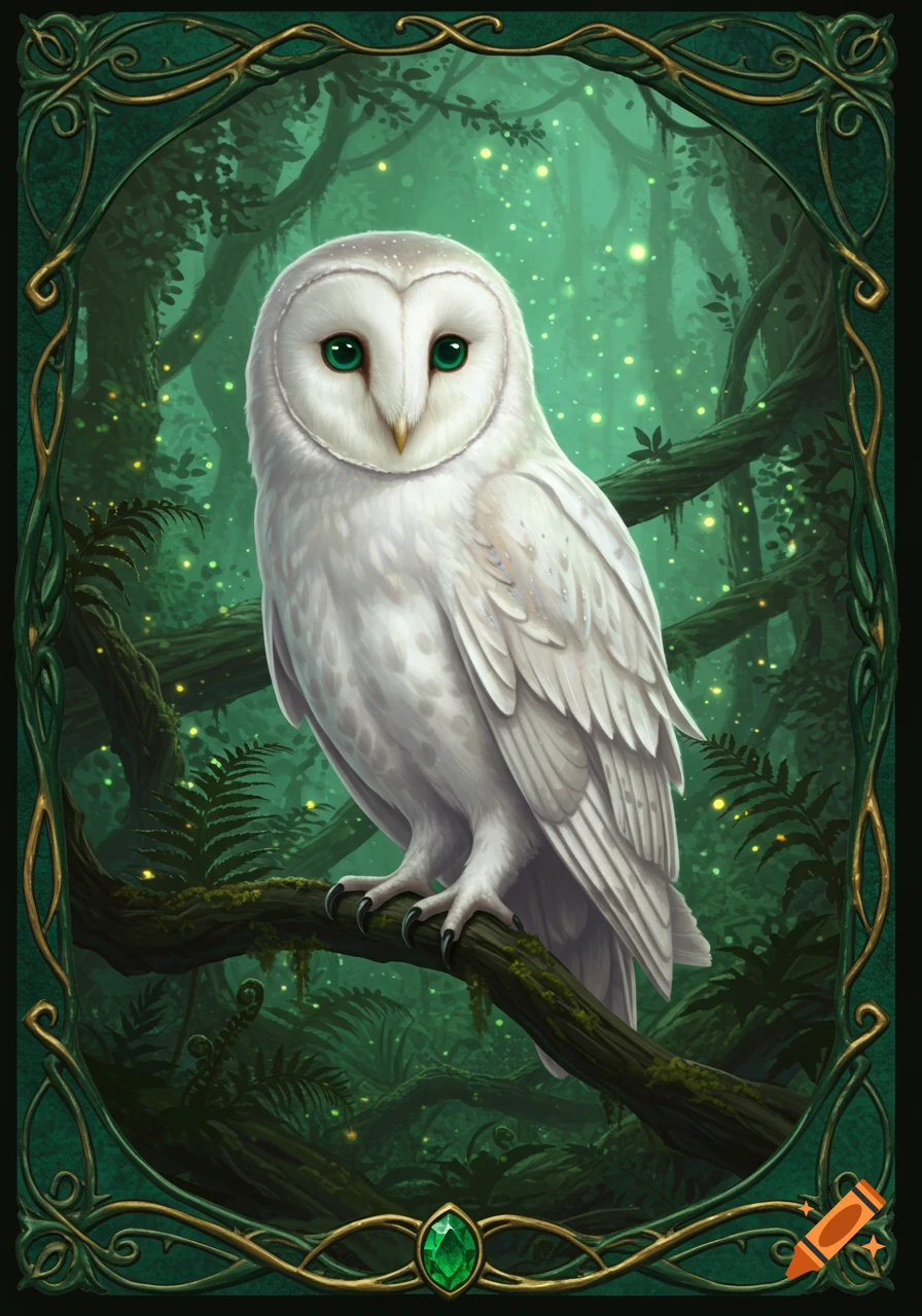A majestic white barn owl with green eyes perches on a branch in a dark fantasy forest with ...