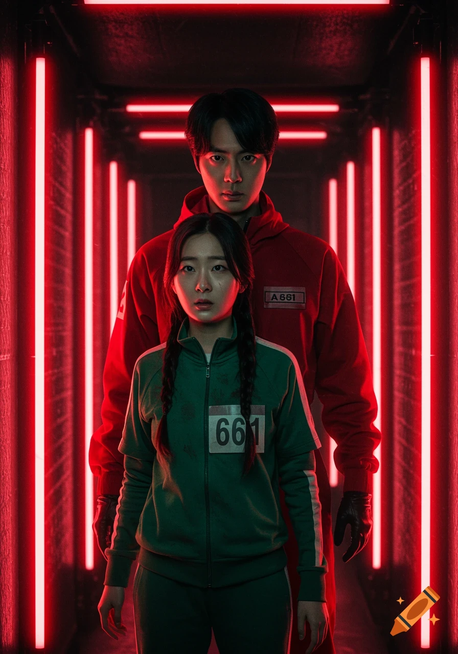 A woman in a green tracksuit with the number 661 and a man in a red ...