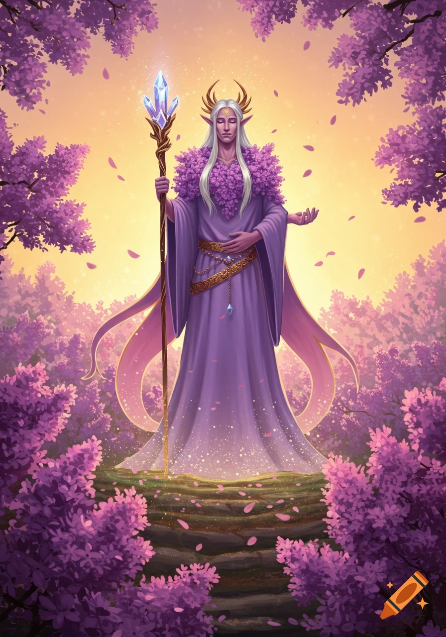 An elf-like figure in purple robes holds a glowing crystal staff in a magical forest with purple ...
