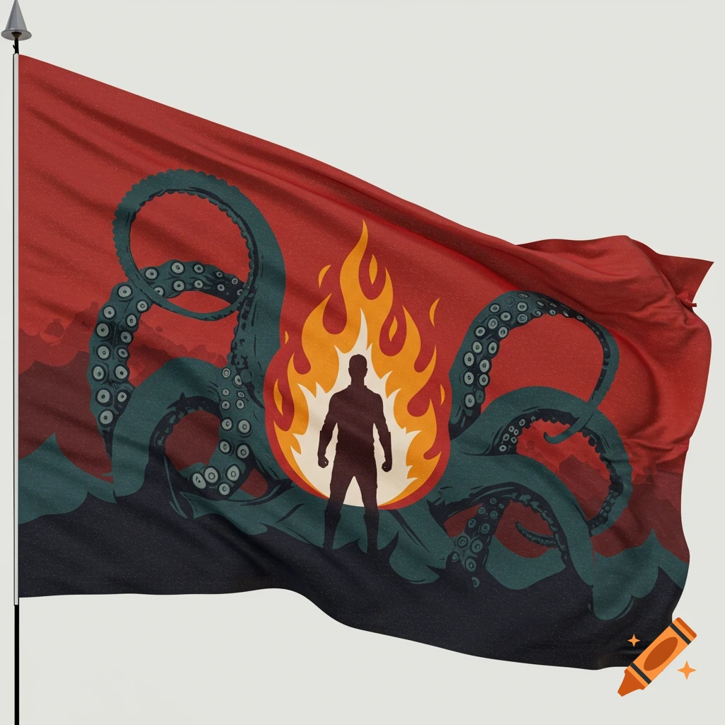 A red flag featuring a silhouetted man engulfed in flames, with dark ...