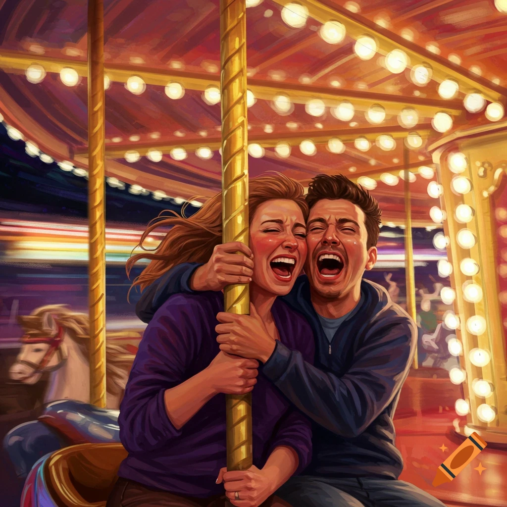 An illustration of a laughing couple on a fast-spinning carousel at a vibrant carnival, with ...