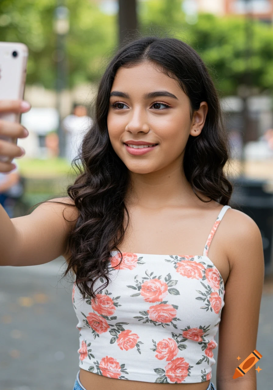 A beautiful teenage Hispanic woman with dark wavy hair wears a floral ...