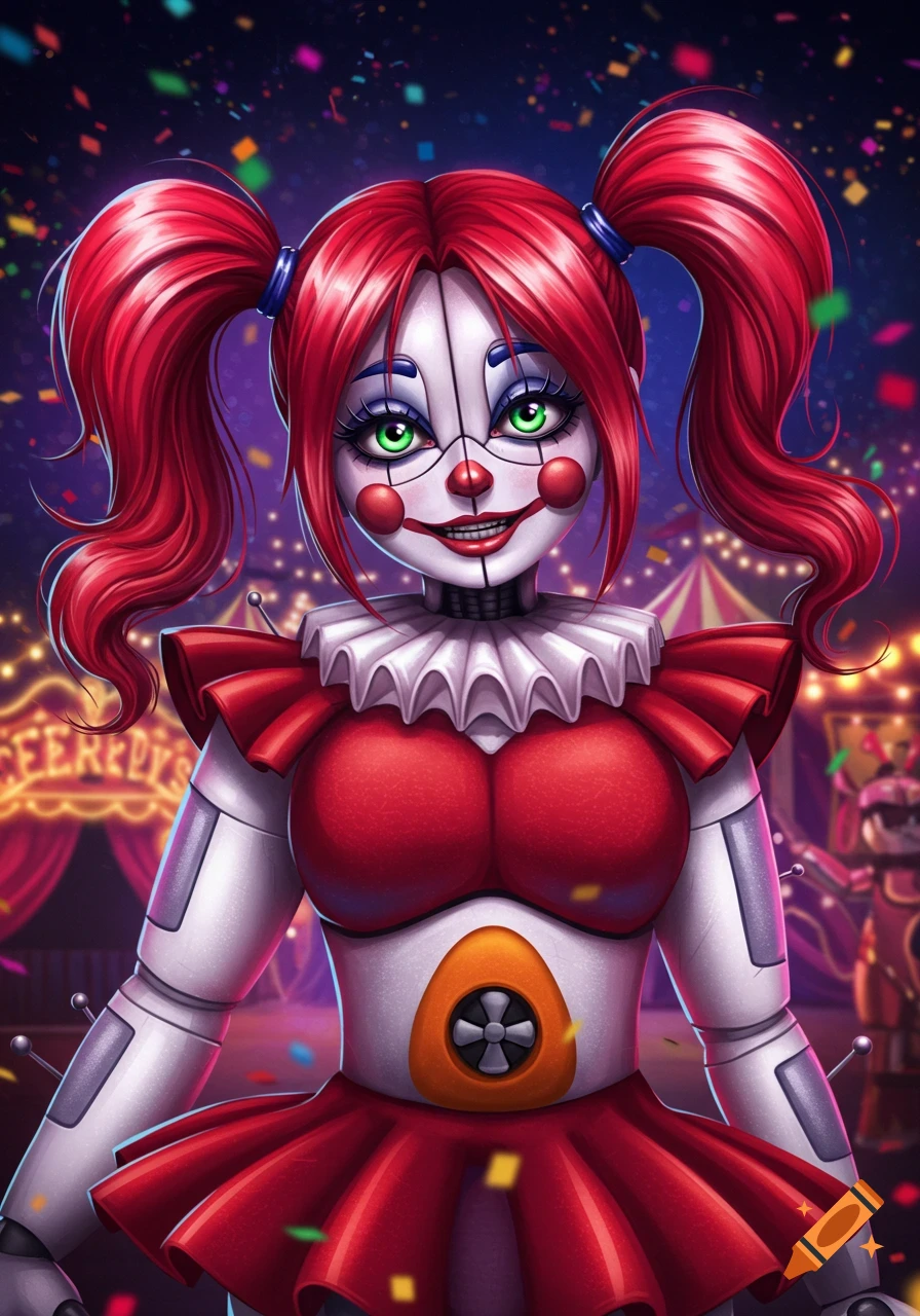 Anime-style Circus Baby from FNAF with red pigtails in a vibrant ...