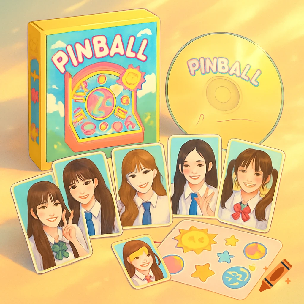 Kpop album set featuring a 'PINBALL' box, CD, photocards of schoolgirls ...