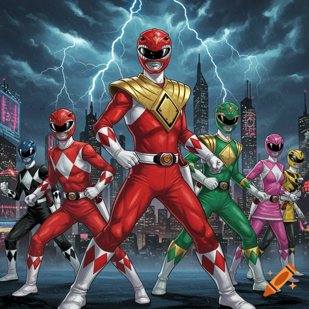 Four animated characters, including red, blue, and green Power Ranger ...