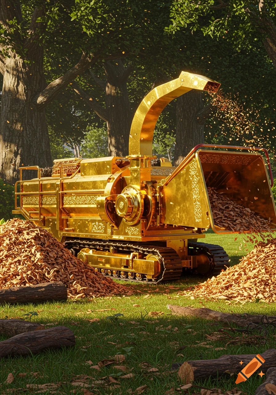 A shiny gold wood chipper processing wood chips in a lush green forest ...