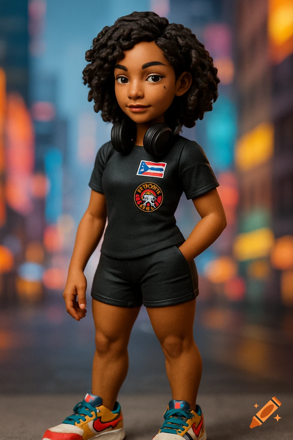 A stylized female action figure with curly hair and headphones, wearing ...